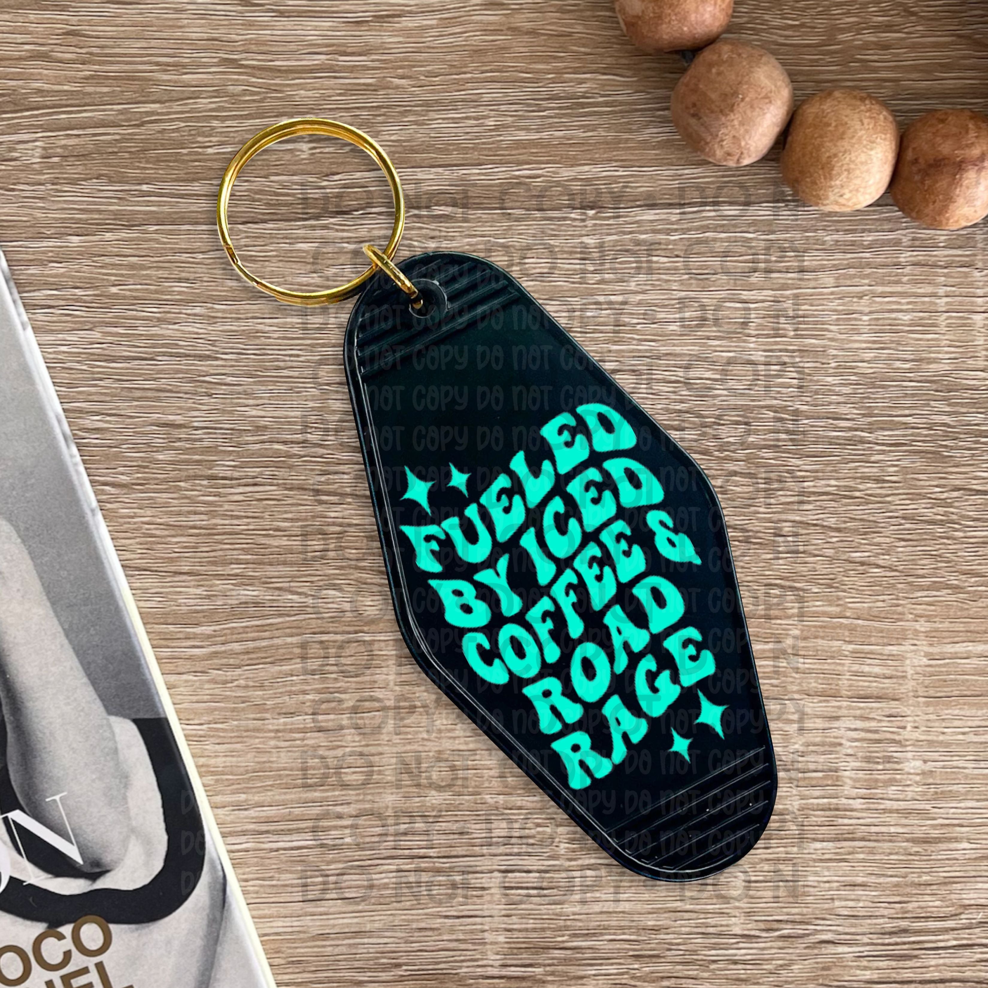 Fueled By Iced Coffee & Road Rage Aqua - UV DTF Keychain Decal – Eh ...